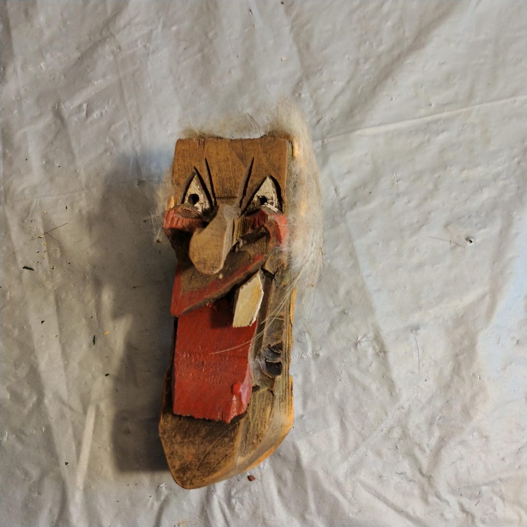 Vintage Wood Carved Two Sided Folk Art Primitive Face, Look and Read ...