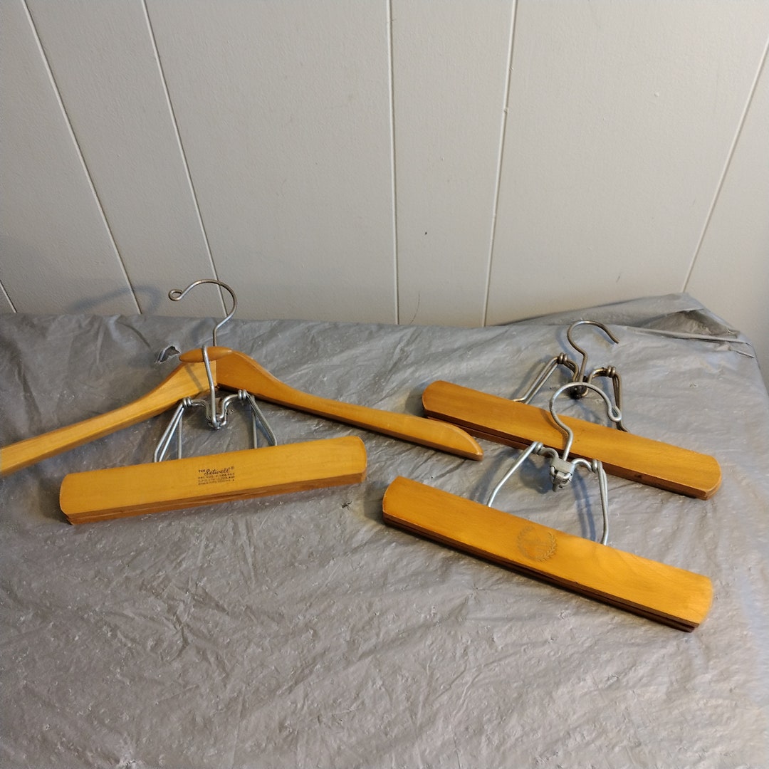 3 Vintage Wood Hangers, Setwell Suit Hanger, Waller Pants Clip Hanger ...
