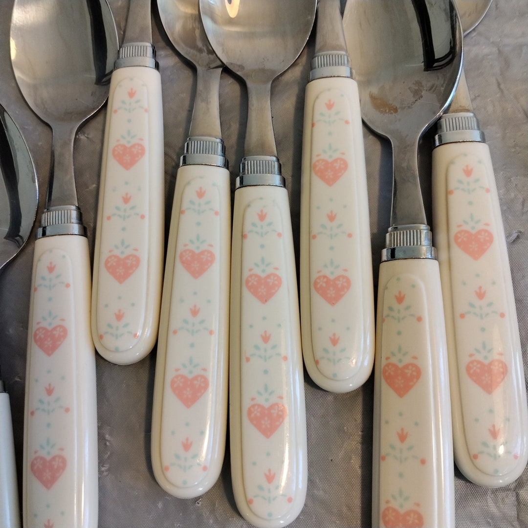 40pc Vintage Ivory With Pink & Blue Heart Silverware Set, Hong Kong ...