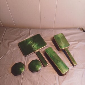 Antique Vintage Green Enamel Vanity Set, Brushes, Handheld Mirror, Jar ...