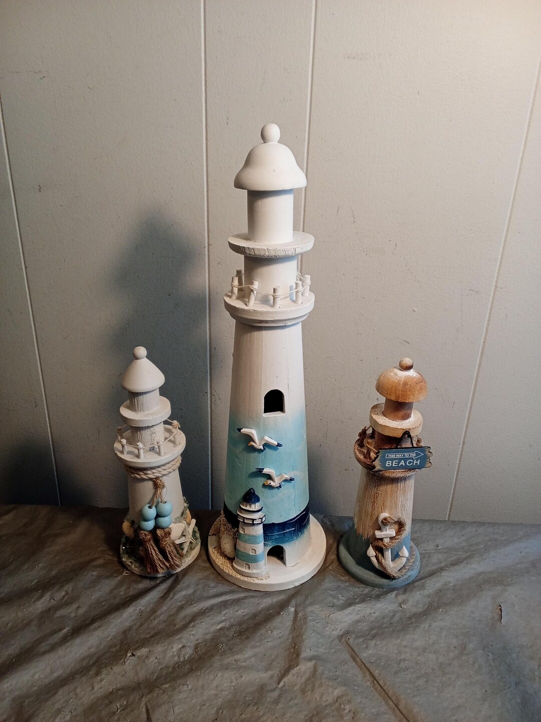 3 Wood Lighthouses, This Way to the Beach, Nautical Beach Decor - Etsy