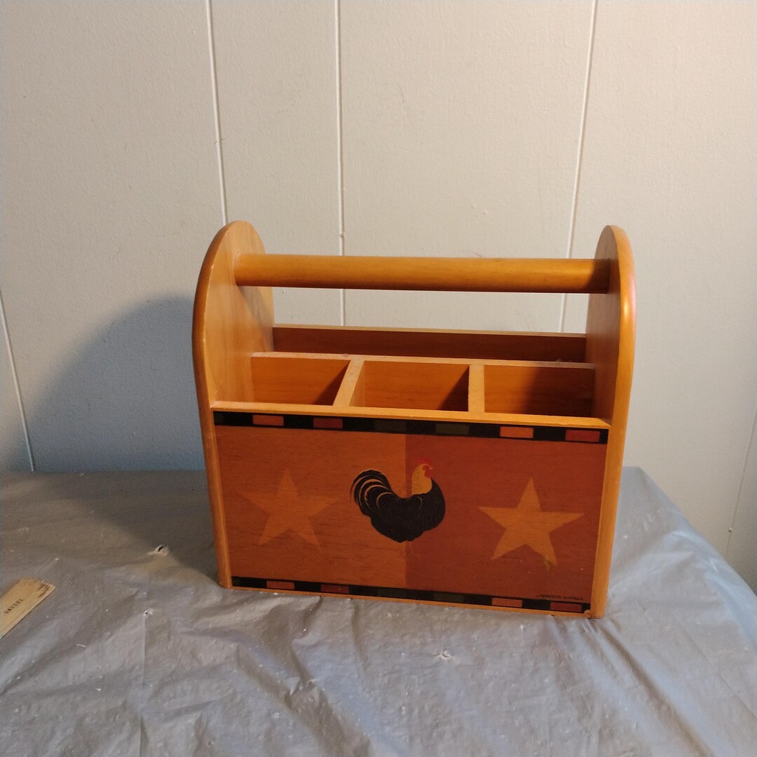 Wooden Chicken Rooster Wooden Caddy Organizer Basket Tool Box Folk Art ...