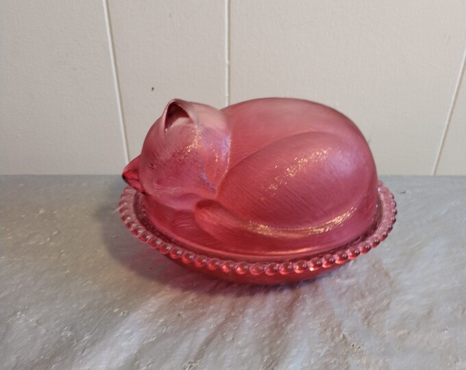 Vintage Bauble Cranberry Glass Nesting Cat, Flash Glass - Etsy