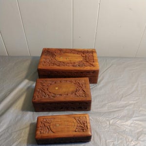 3 Carved Wooden Nesting Boxes With Metal Inlay, Wood Trinket Boxes - Etsy