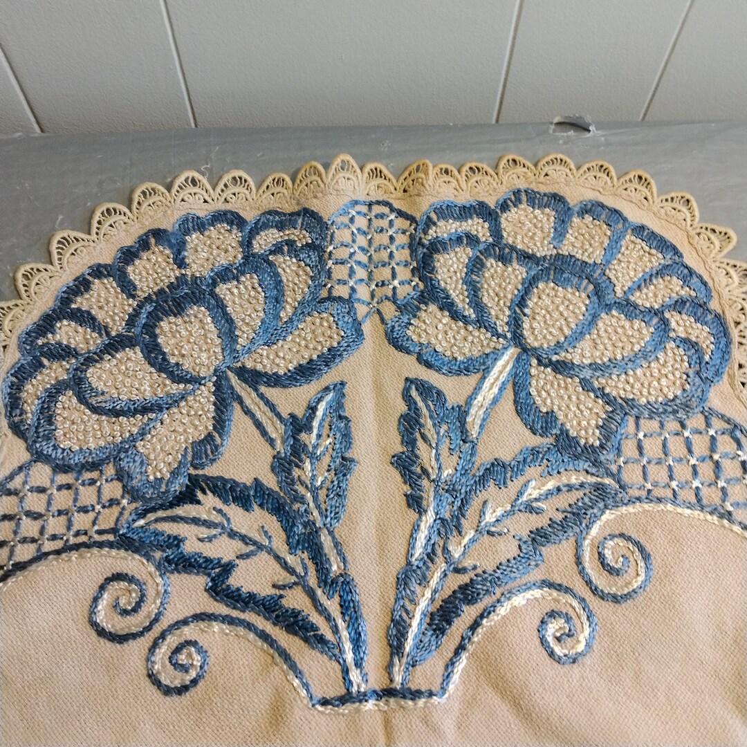 Vintage Hand Embroidered Floral Table Runner Doilie, Beige With Blue ...