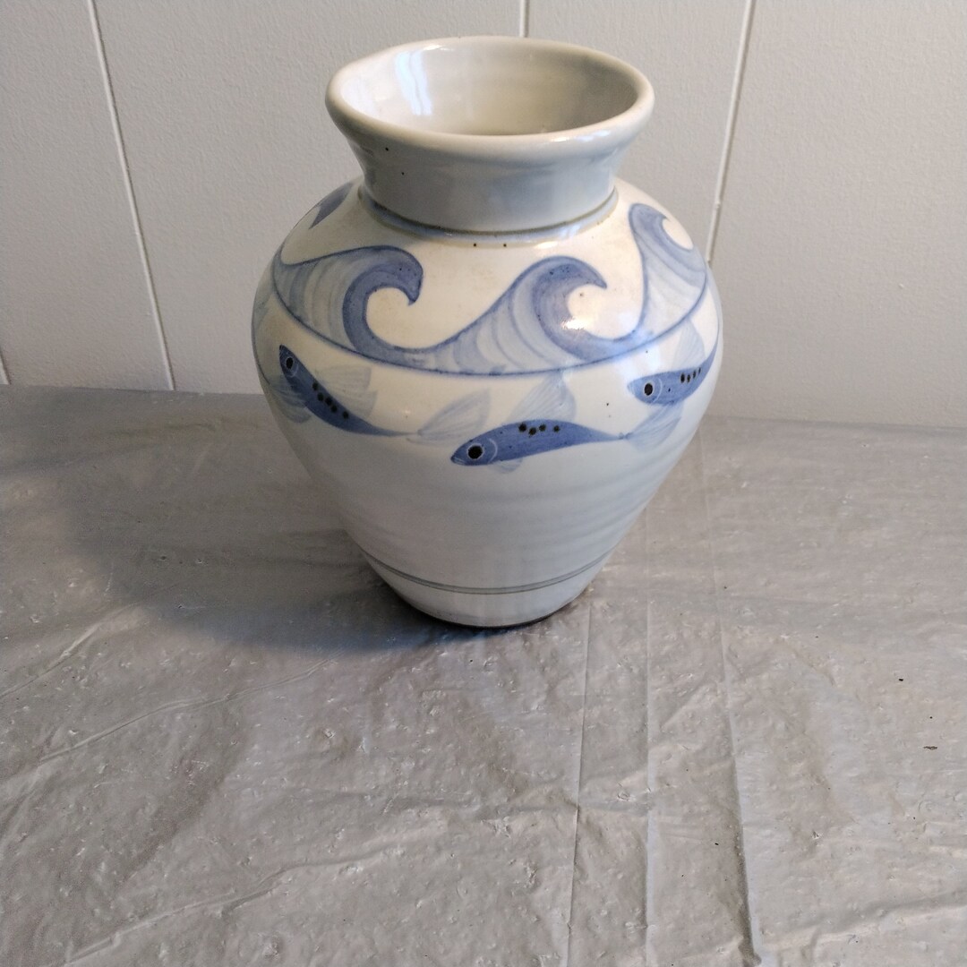 Vintage MR Art Pottery Vase With Waves & Fish Motif, Nautical Beach ...