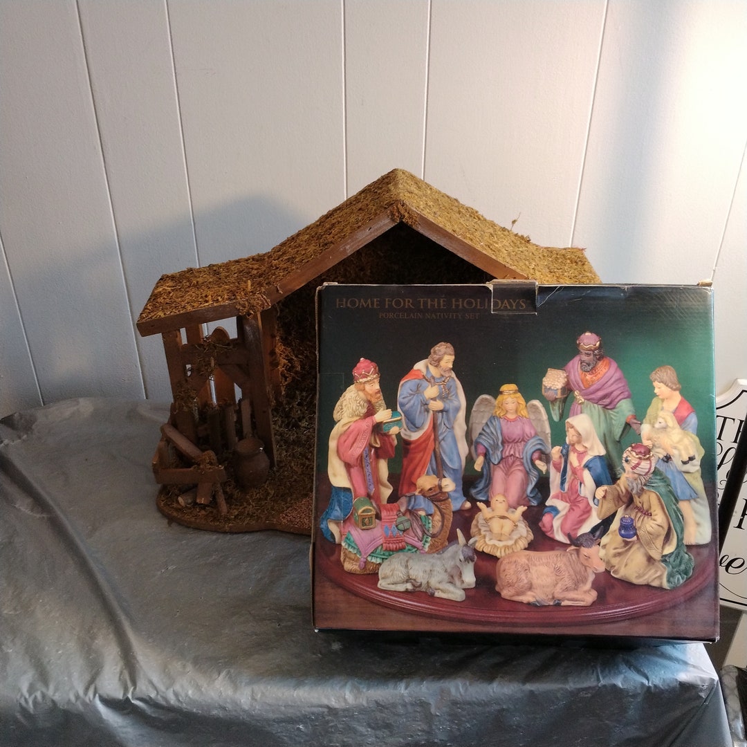 Vintage Nativity Set With House, Porcelain Figurines, Christmas Decor ...