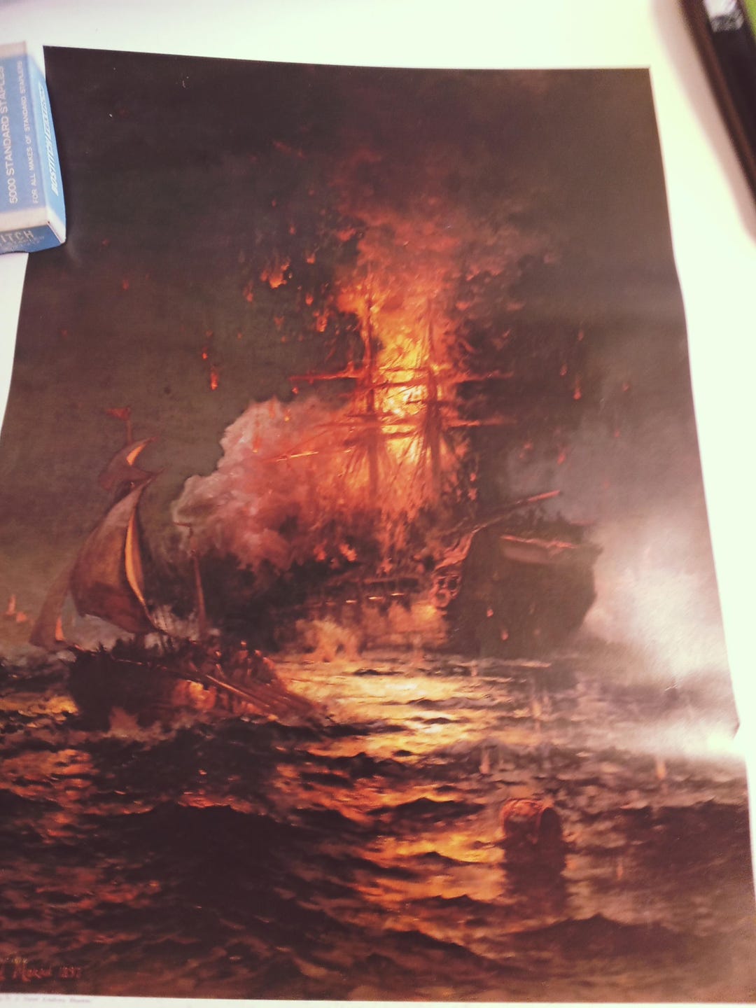 2 20x28" Ship Art Prints, Burning of Frigate Philadelphia & US Schooner ...