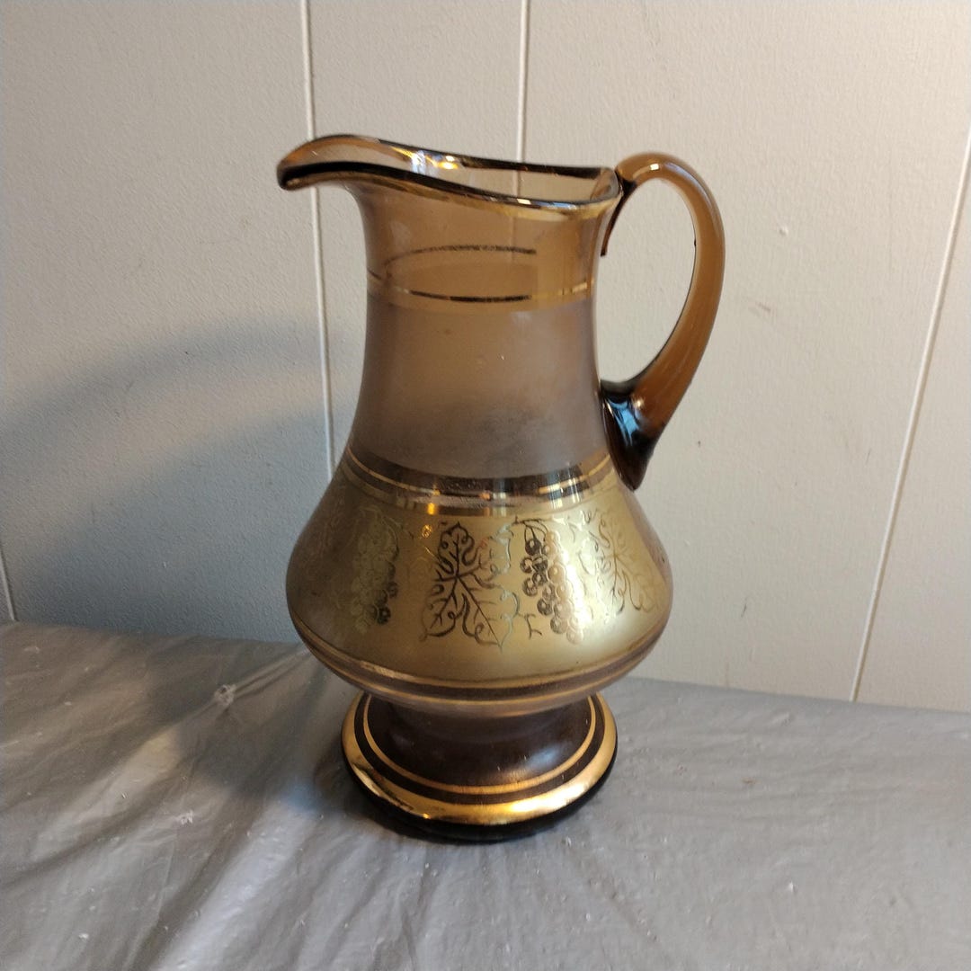 Amber Frosted Gold Leaf Glass Drink Pitcher, Read Description - Etsy