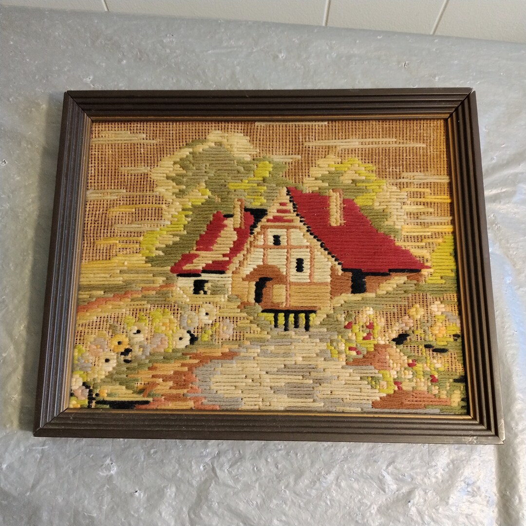 Vintage Needlepoint Tapestry Embroidery, Country Cabin Tapestry - Etsy