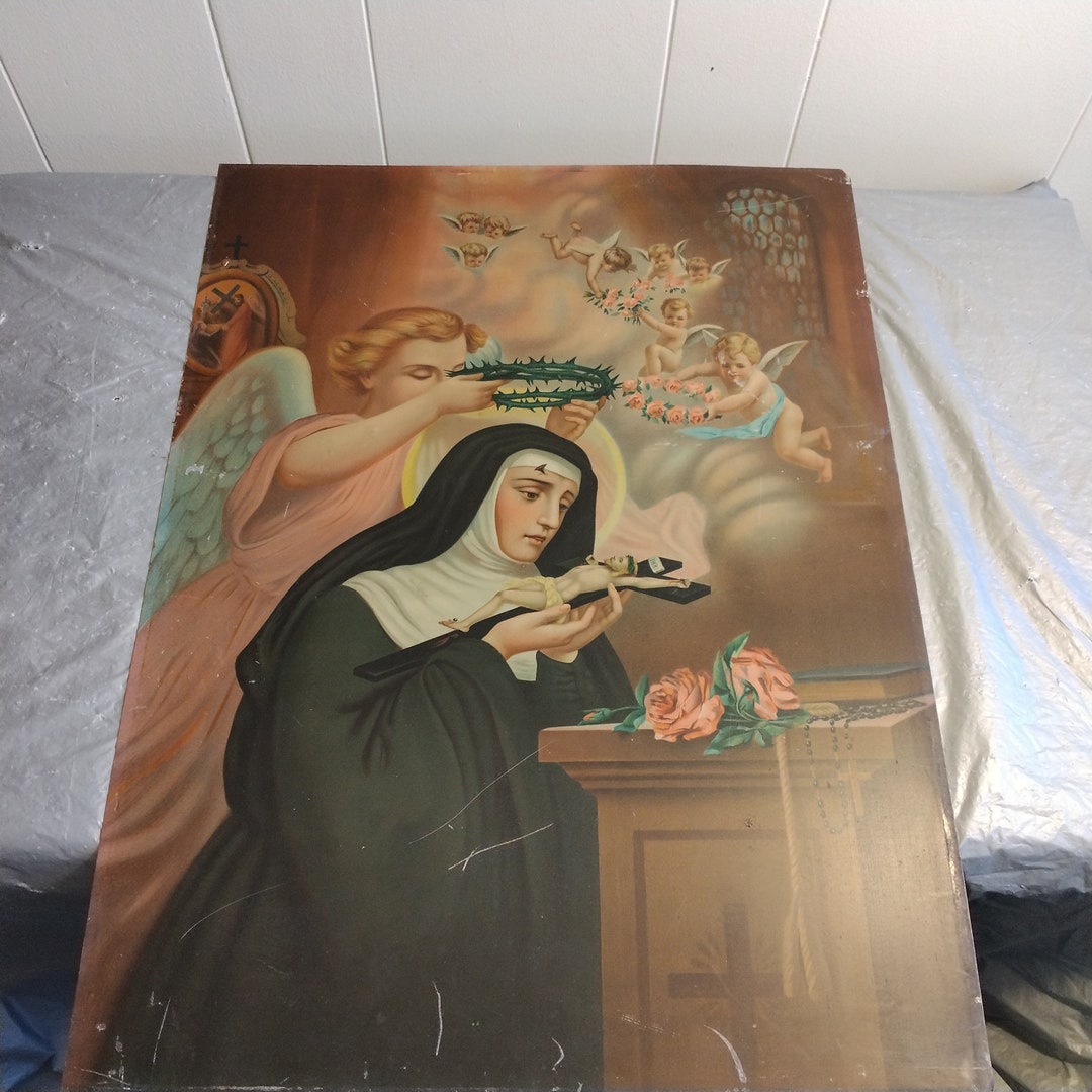 23.5x 17.5" Vintage Religious Print on Tin, Nun Crucifix Metal Angel ...