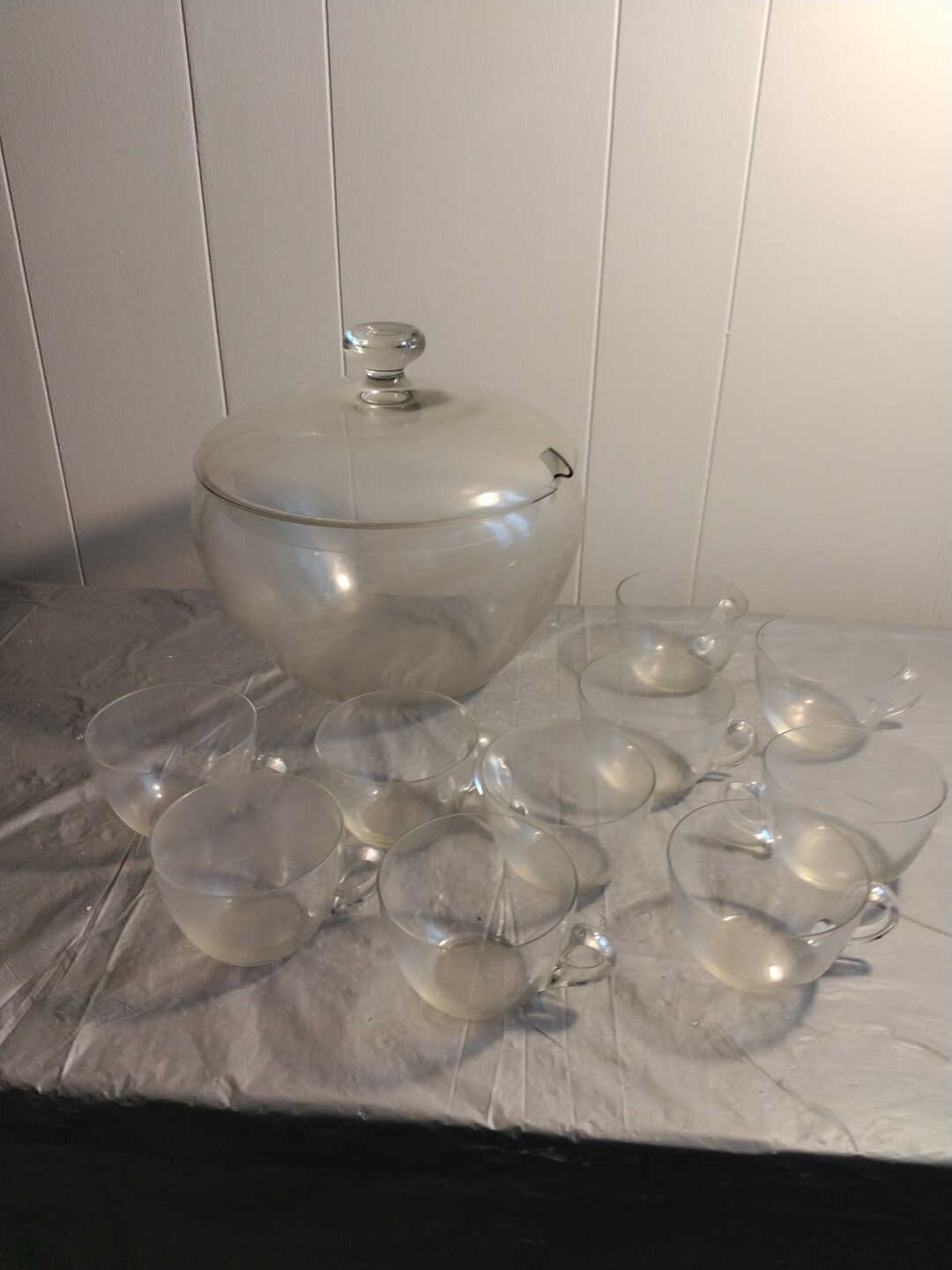 Vintage Clear Glass Punch Bowl With Lid & 10 Cups With Handles, Punch ...