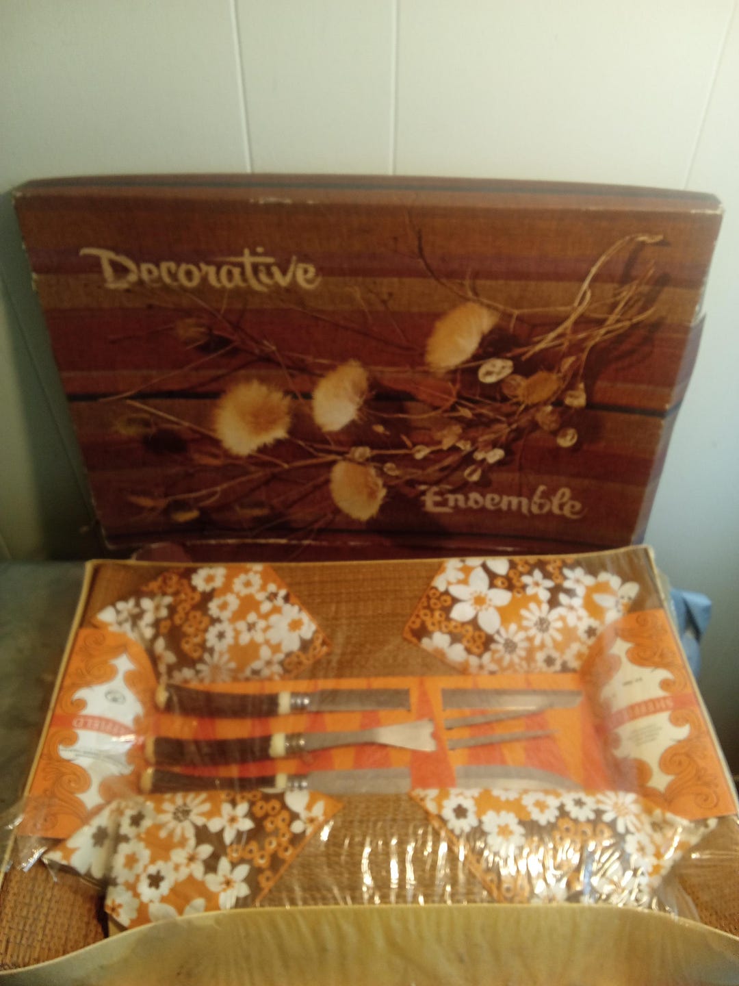 NOS Sheffield Hostess Set, Carving Knife Fork, Napkins, Placemats Set ...