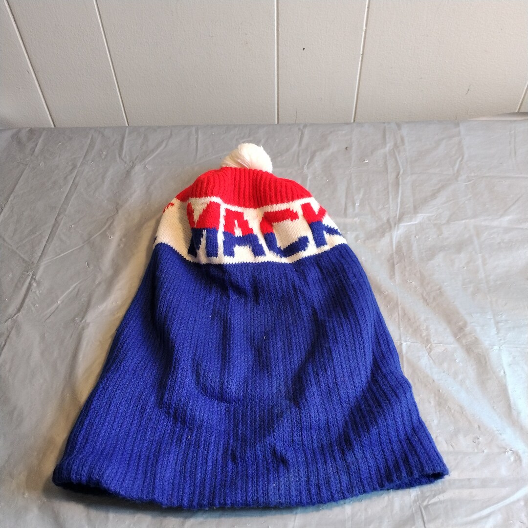 Vintage Red White and Blue Mack Knit Cap, Pom Beanie, Look & Read ...