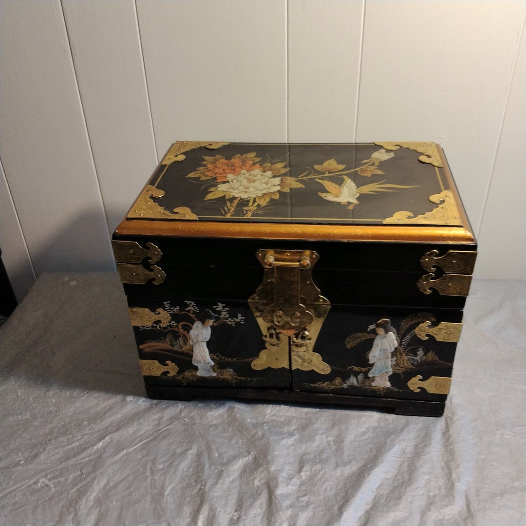 Large Vintage Brass & Black Lacquer Jewelry Box With Geisha Bird Theme ...