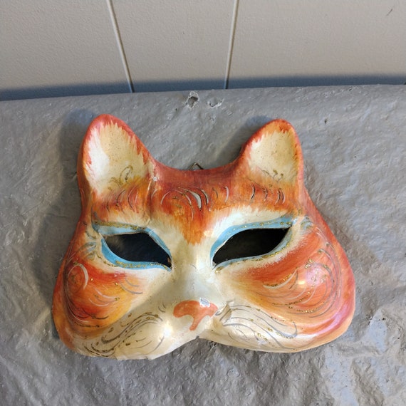 Vintage Paper Mache Cat Mask, Half Mask - Gem