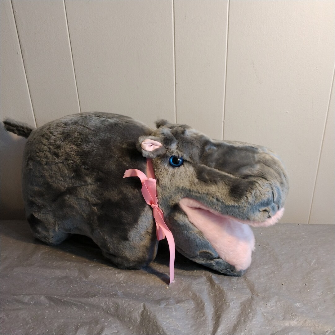 Large Vintage Lucy's Toy Plush Hippo, Gray & Pink Hippopotamus Blue ...