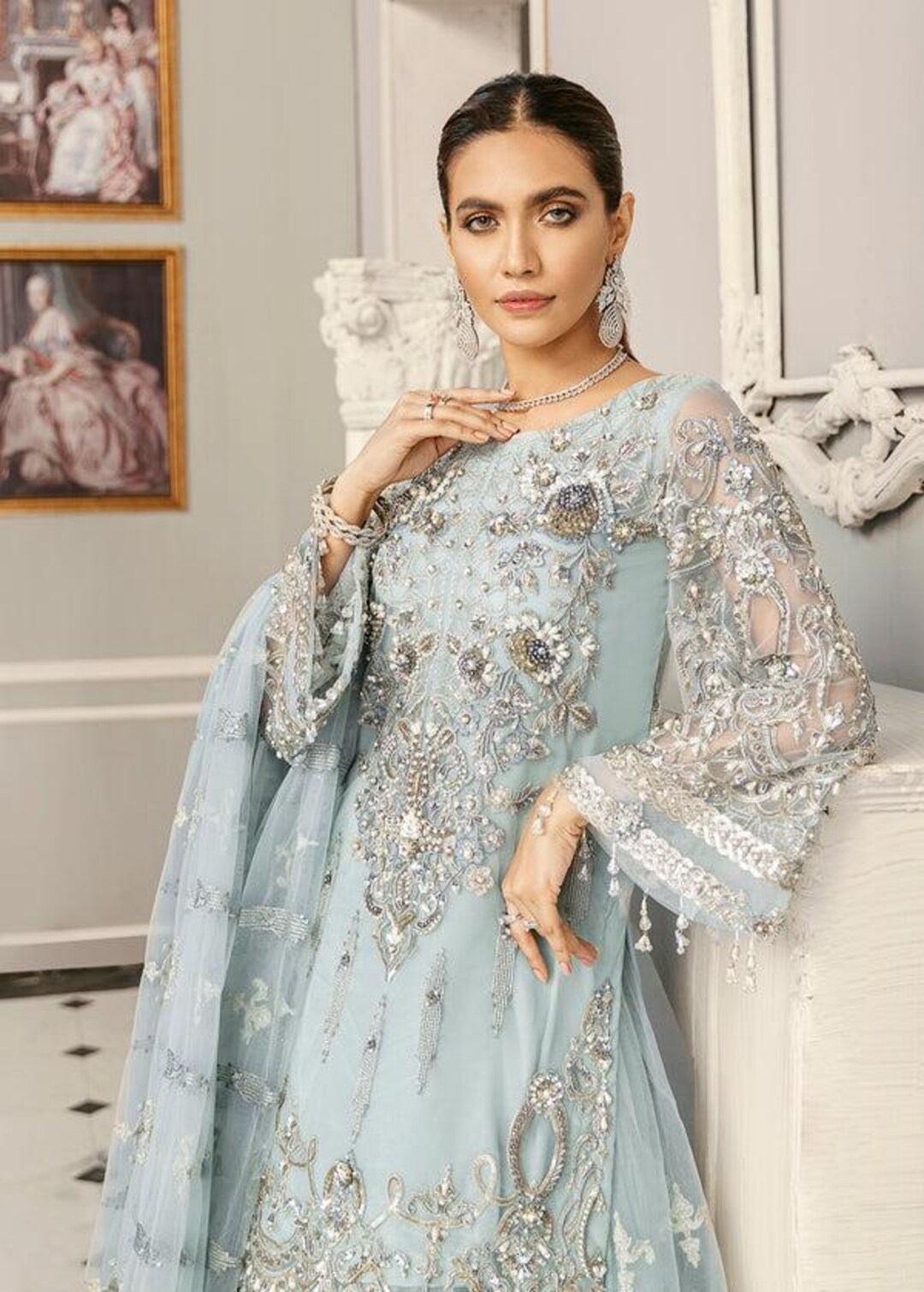 Lehenga for Women Wedding Dress Silver Motif Embroidered Organza Lengha ...