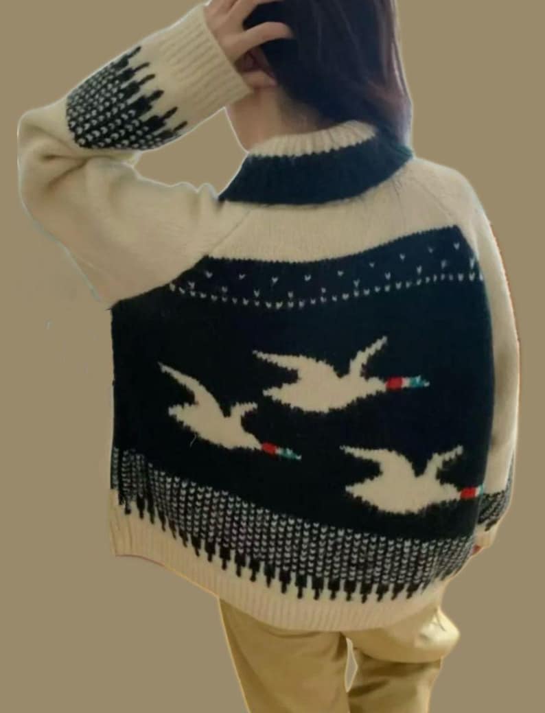 Unisex Zip-up Knit Fleece Cardigan – Vintage Bird Pattern Sweater Coat ...