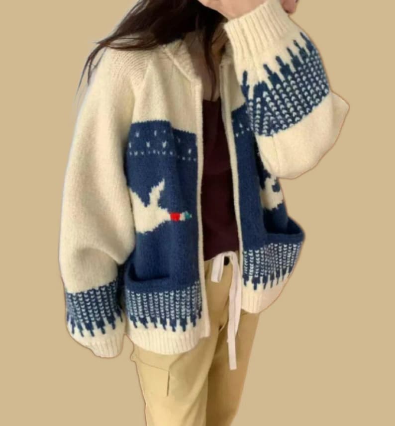 Unisex Zip-up Knit Fleece Cardigan – Vintage Bird Pattern Sweater Coat ...
