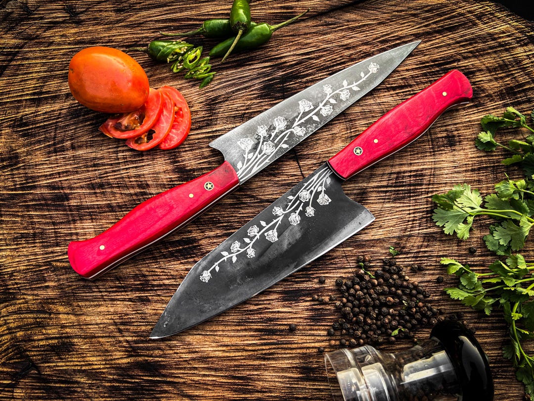 Rosewood Blade Set — 2-piece Chef Knife Set With Rose Engraved Blades ...