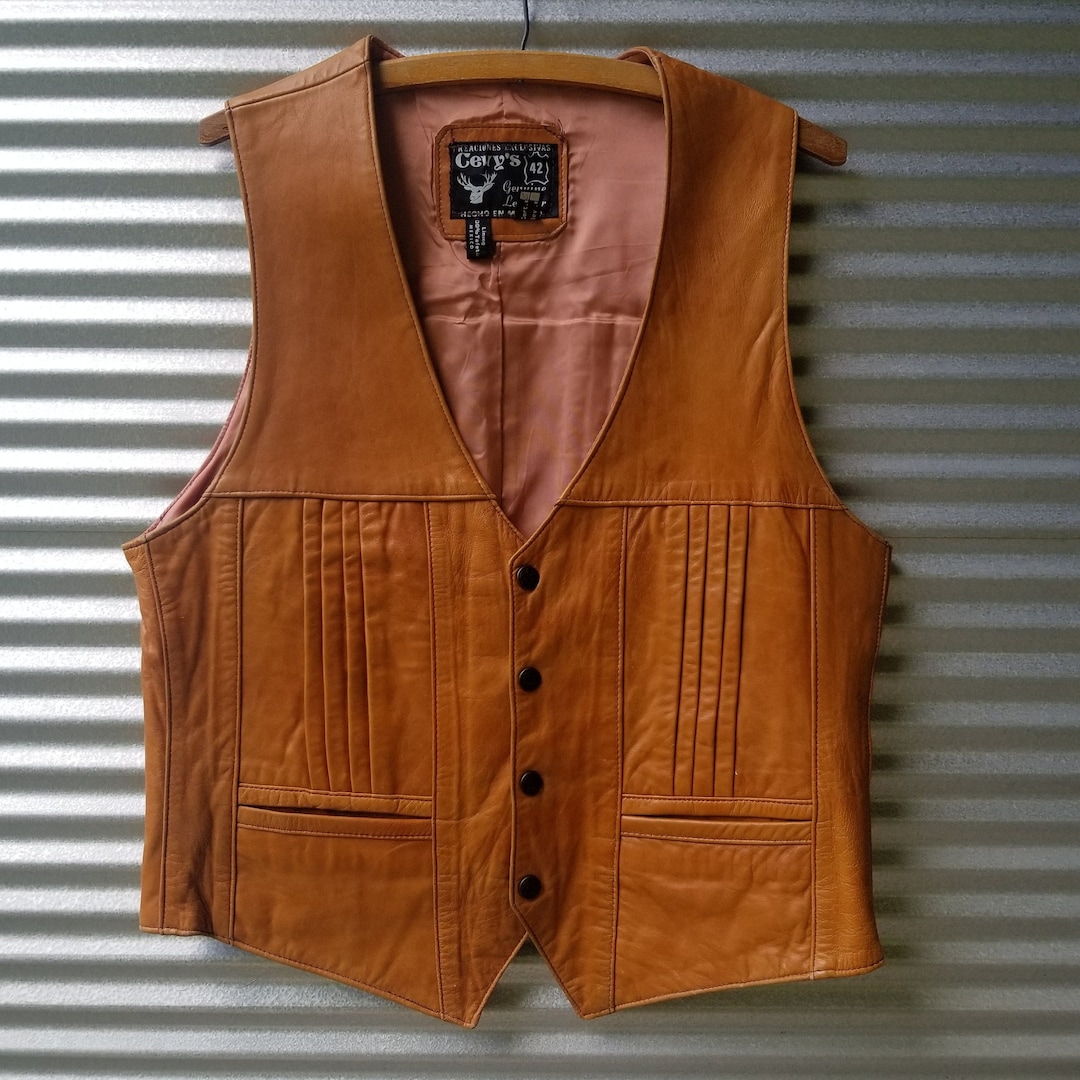 80s Leather Vest 42 - Etsy
