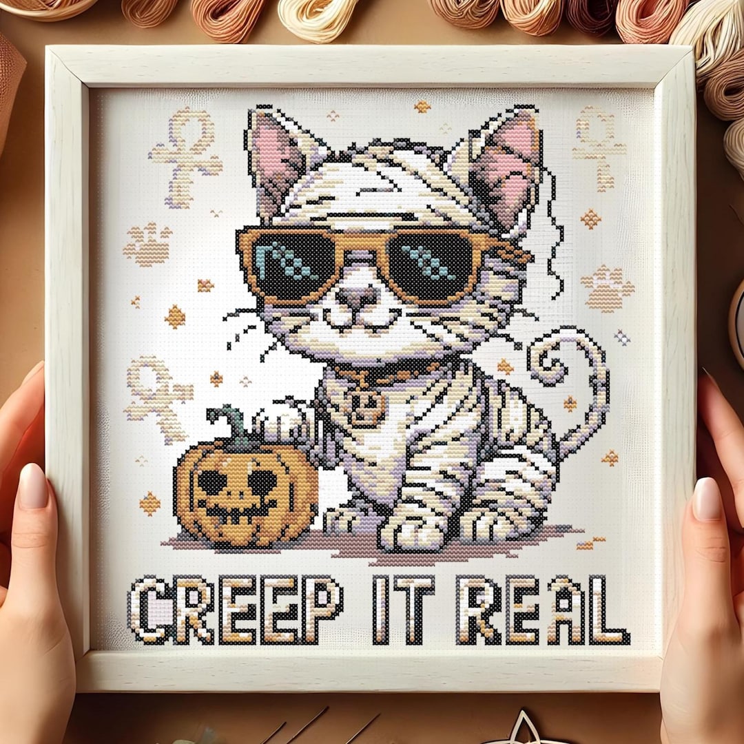 Cute Mummy Kitty Cross Stitch Pattern Spooky Halloween Cat Embroidery ...