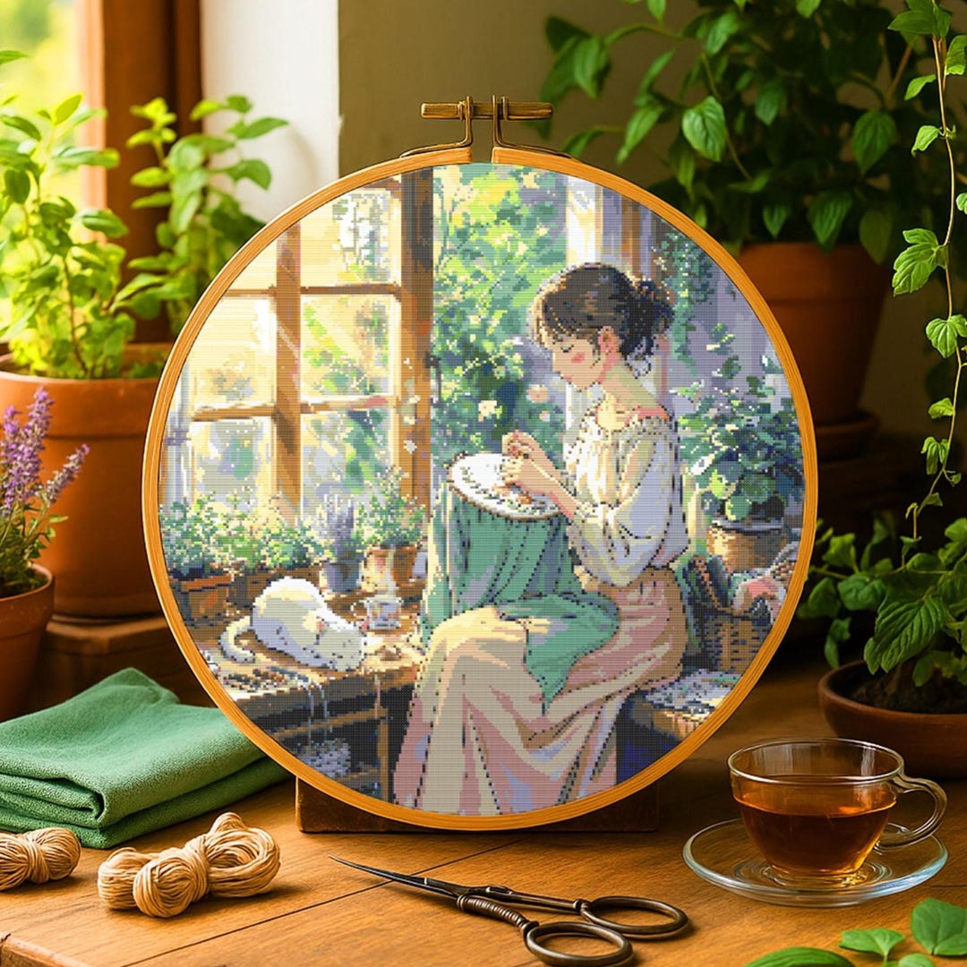 Girl Embroidering in Sunroom Cross Stitch Pattern Cottagecore Woman ...