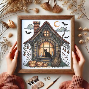 Halloween Witch Cottage With Black Cat Cross Stitch Pattern Spooky ...