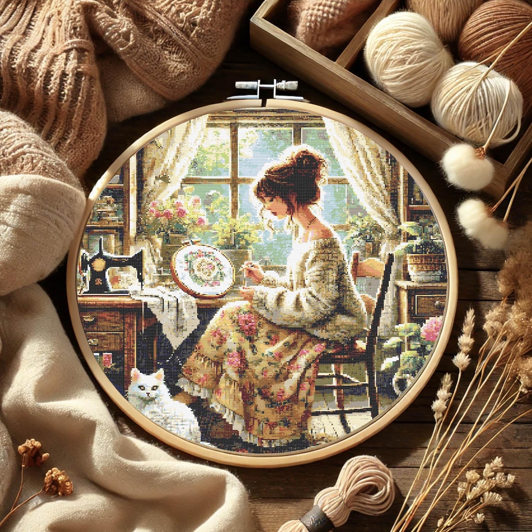 Floral Girl Cross Stitch Pattern, Cozy Cottage Cross Stitch Pattern ...