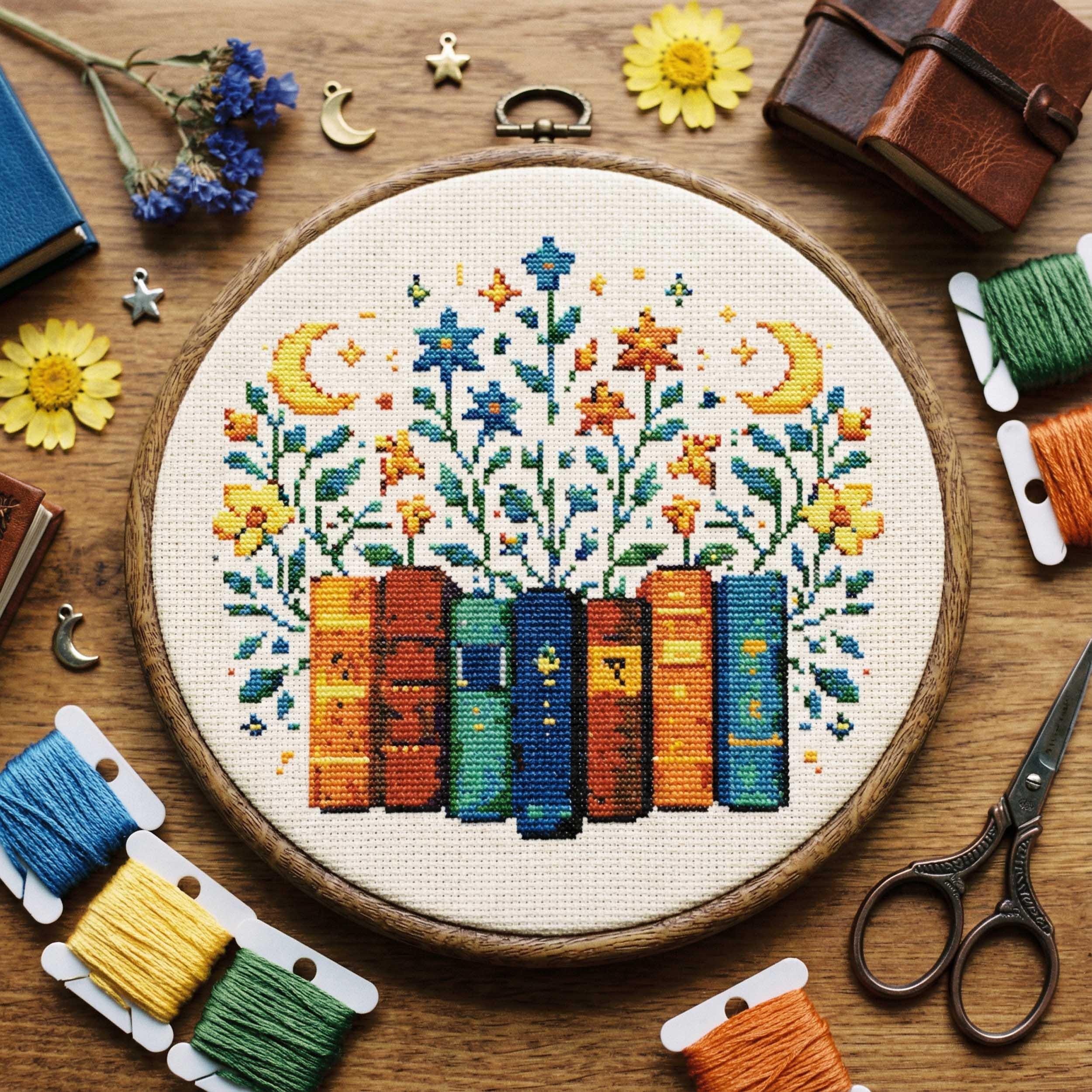 Books Cross Stitch Pattern: Enchanted Library Garden, Floral Fantasy ...