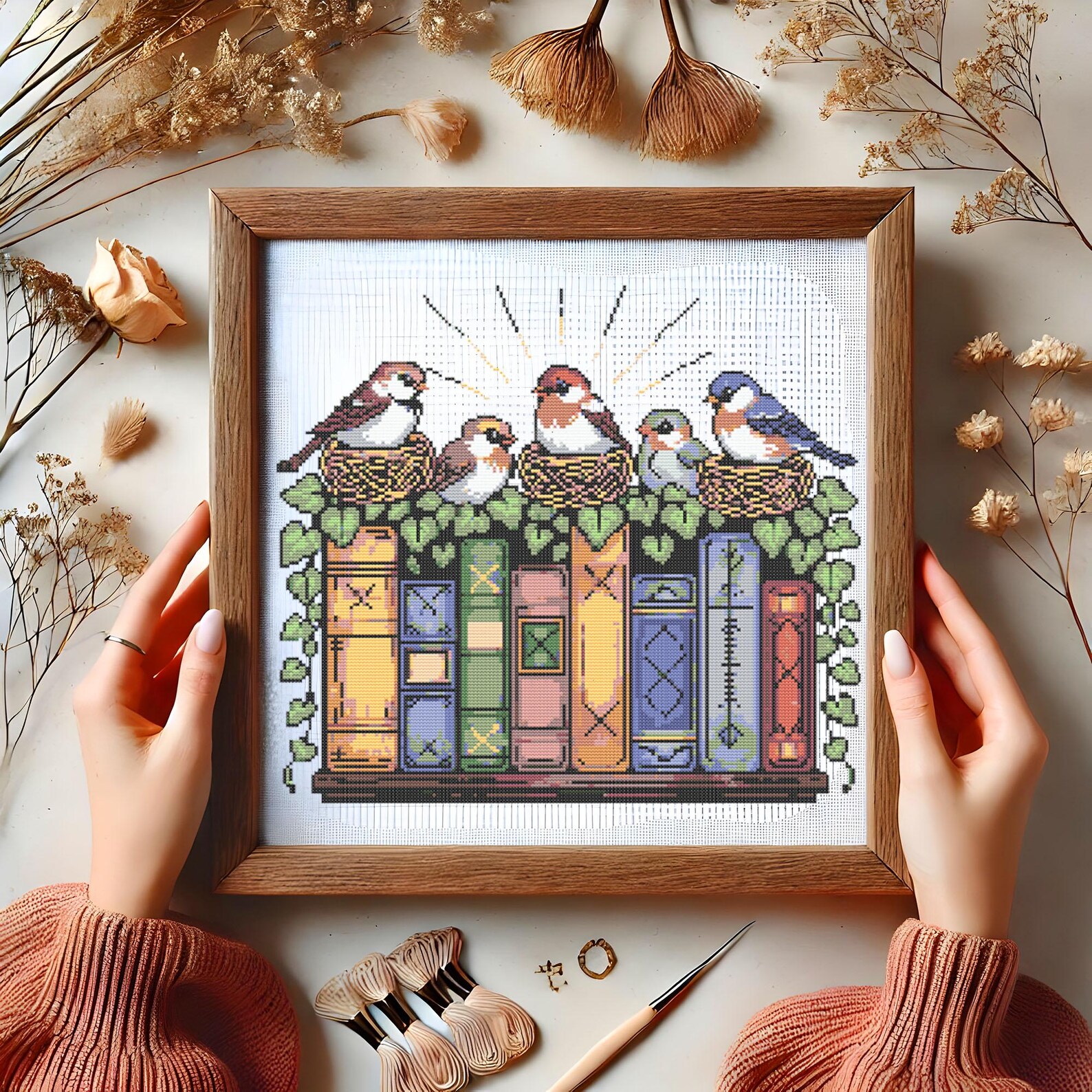 Whimsical Bookshelf With Birds Cross Stitch Pattern Cottagecore Bird ...