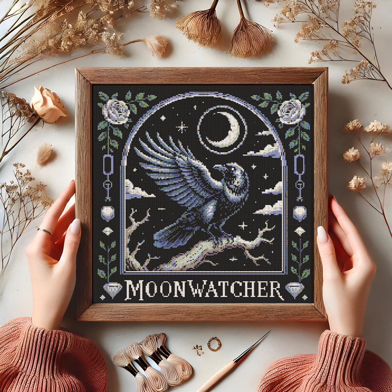 Fantasy Dark Raven Cross Stitch Pattern Gothic Night Sky Bird Halloween ...
