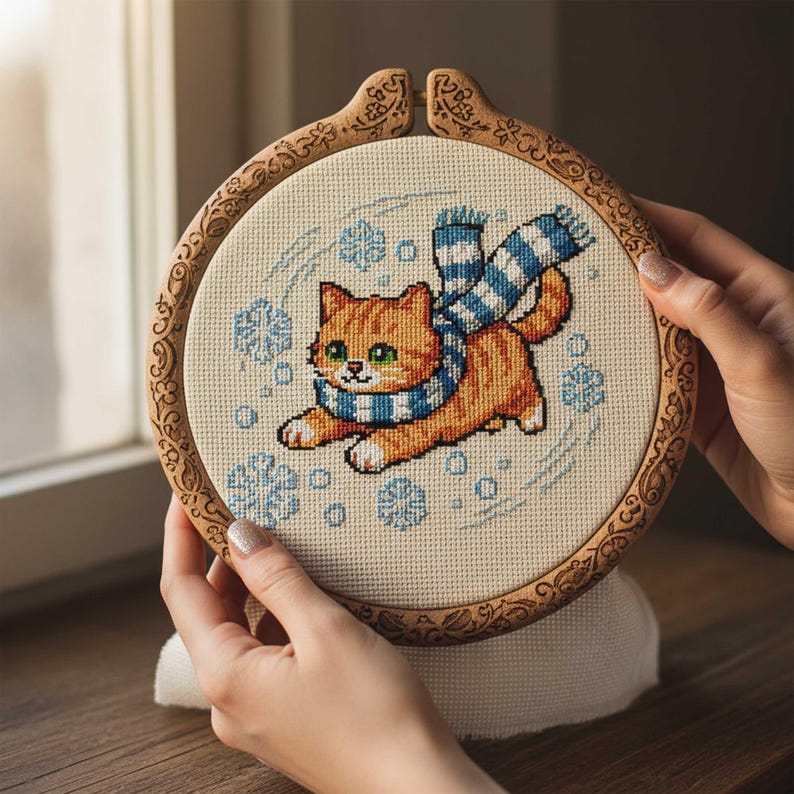 Christmas Cat Cross Stitch Pattern: Cozy Scarf Kitten in Snowy Scene ...