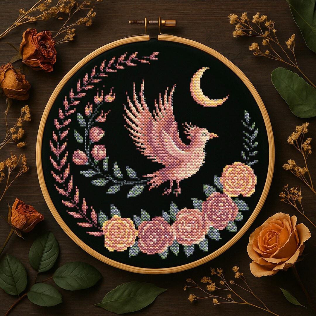 Floral Phoenix Bird Cross Stitch Pattern Celestial Firebird Floral ...