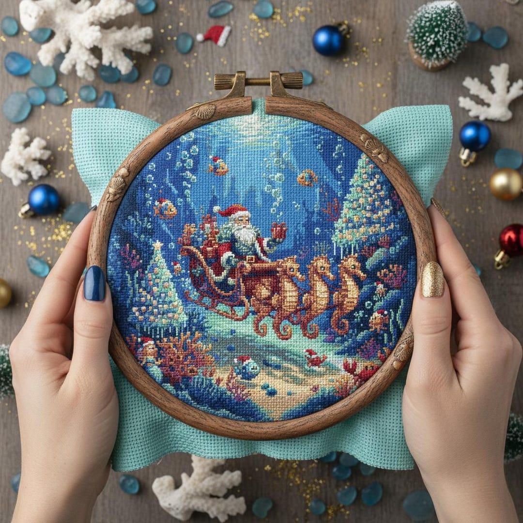Underwater Santa Sleigh Cross Stitch Pattern: Seahorse Reindeer Ocean ...