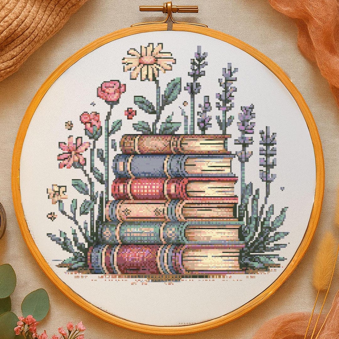 Botanical Book Stack Cross Stitch Pattern Vintage Book and Flower ...