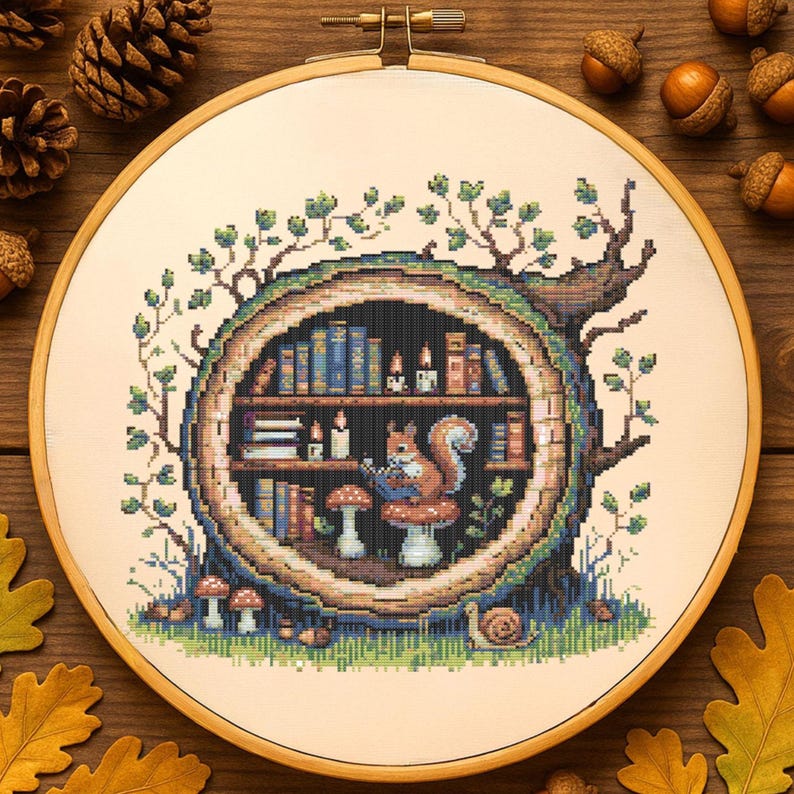 Enchanted Forest Library Cross Stitch Pattern Whimsical Squirrel ...