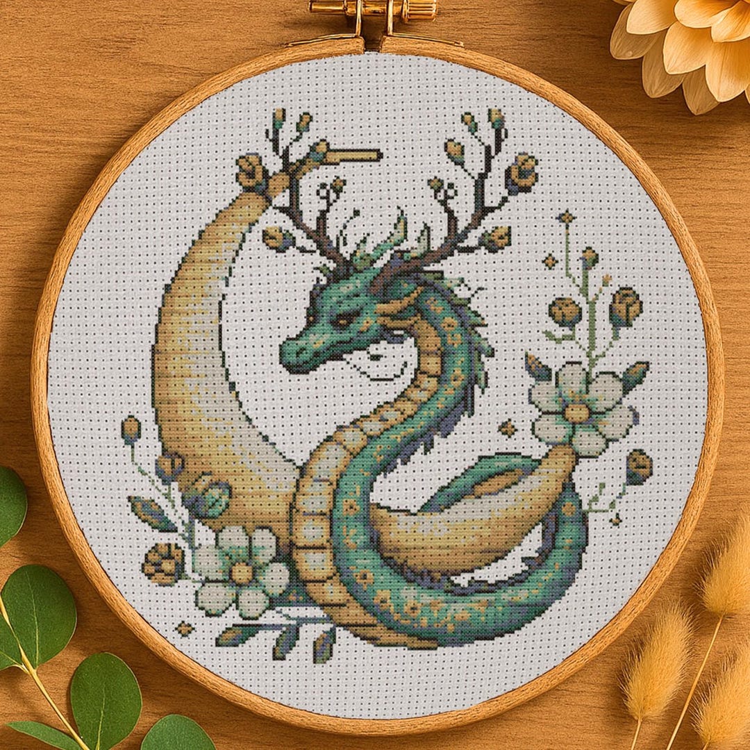 Celestial Floral Dragon Cross Stitch Pattern Botanical Dragon ...