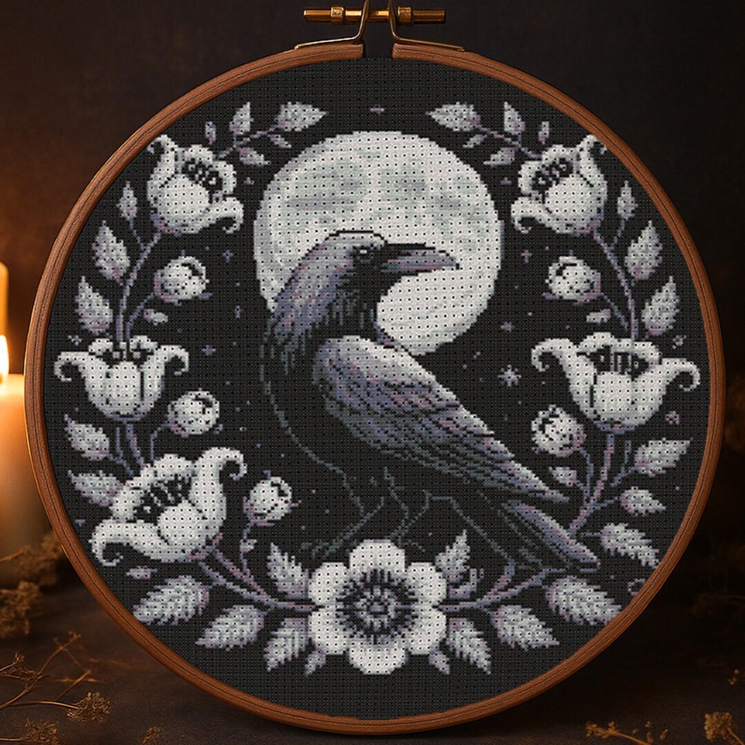 Magical Raven Moon Cross Stitch Pattern Gothic Raven Floral Embroidery ...