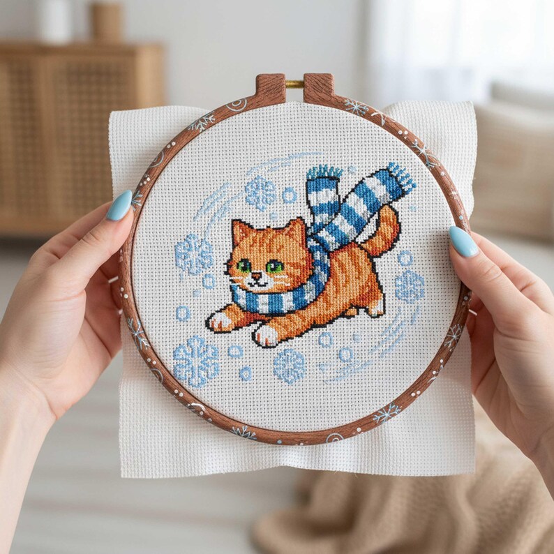 Christmas Cat Cross Stitch Pattern: Cozy Scarf Kitten in Snowy Scene ...