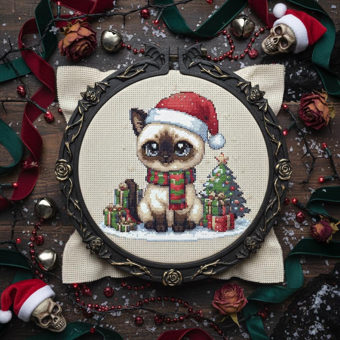 Christmas Kitten Cross Stitch Pattern: Holiday Siamese Cat With Santa ...