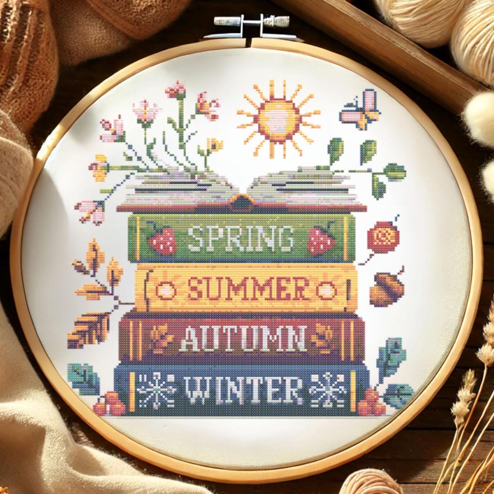 Four Seasons Book Stack Cross Stitch Pattern Seasonal Library Stack ...