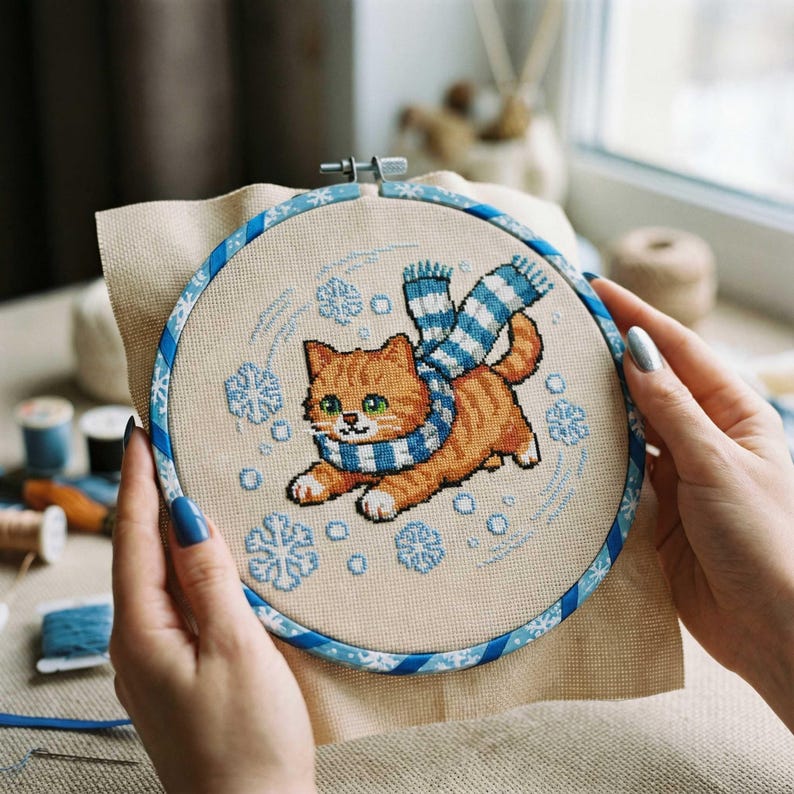 Christmas Cat Cross Stitch Pattern: Cozy Scarf Kitten in Snowy Scene ...