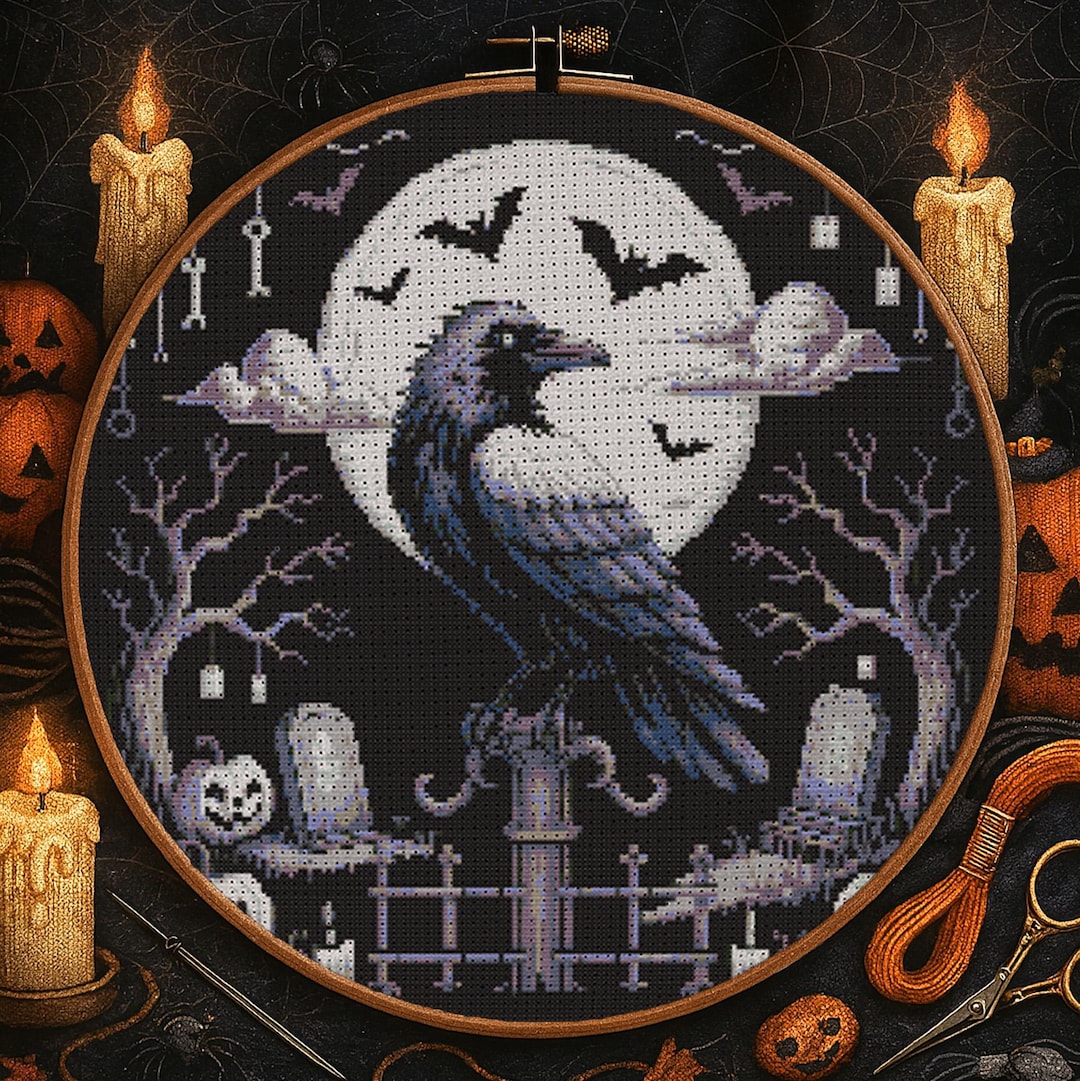 Gothic Raven Cross Stitch Pattern Fantasy Night Sky Raven Halloween ...