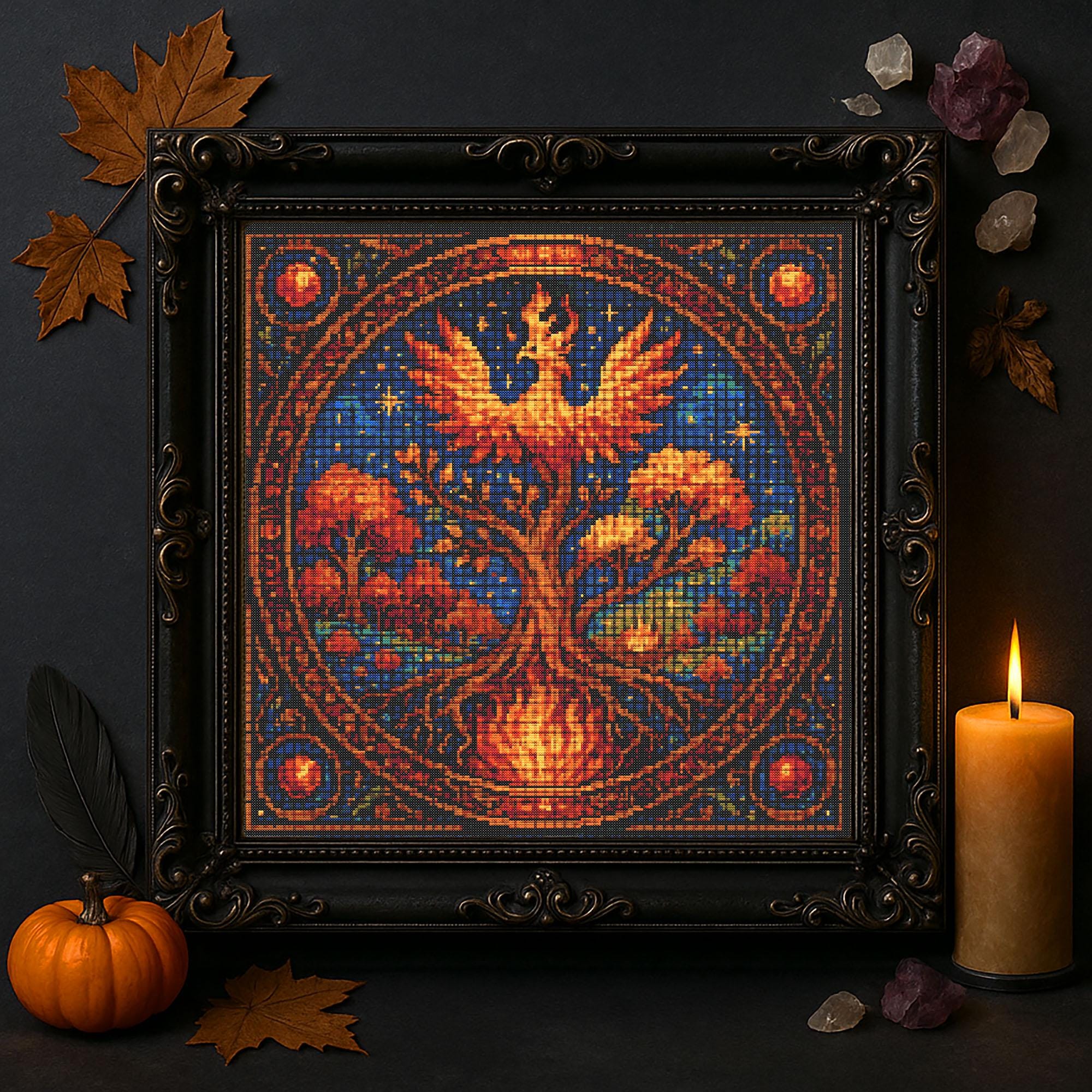 Phoenix Tree Cross Stitch Pattern Magical Firebird in Stained Glass ...