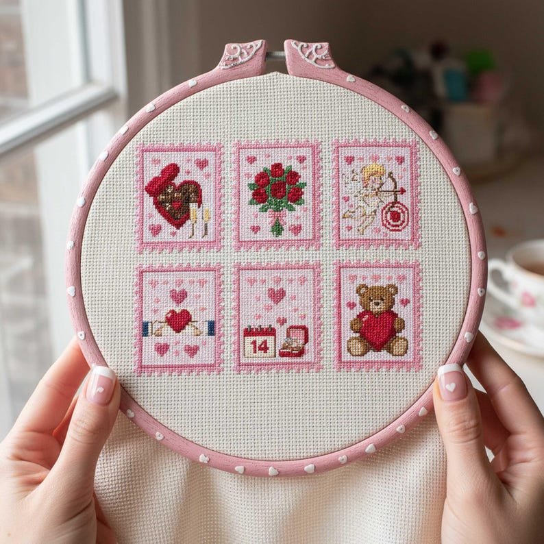 Valentine Love Stamp Cross Stitch Pattern Set: Hearts, Roses, Cupid ...