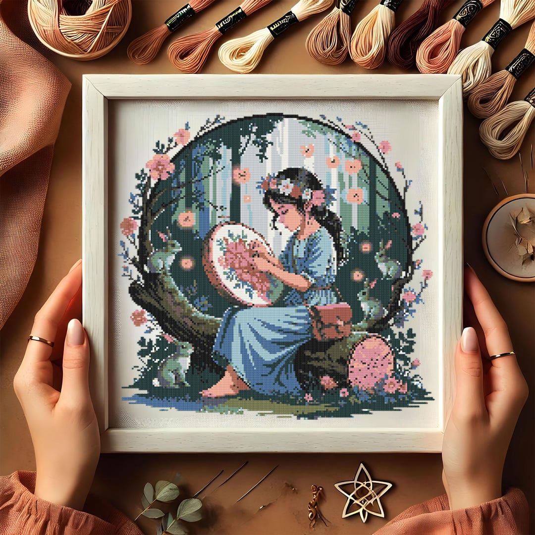 Girl Stitching in the Forest Cross Stitch Pattern Magical Cottagecore ...