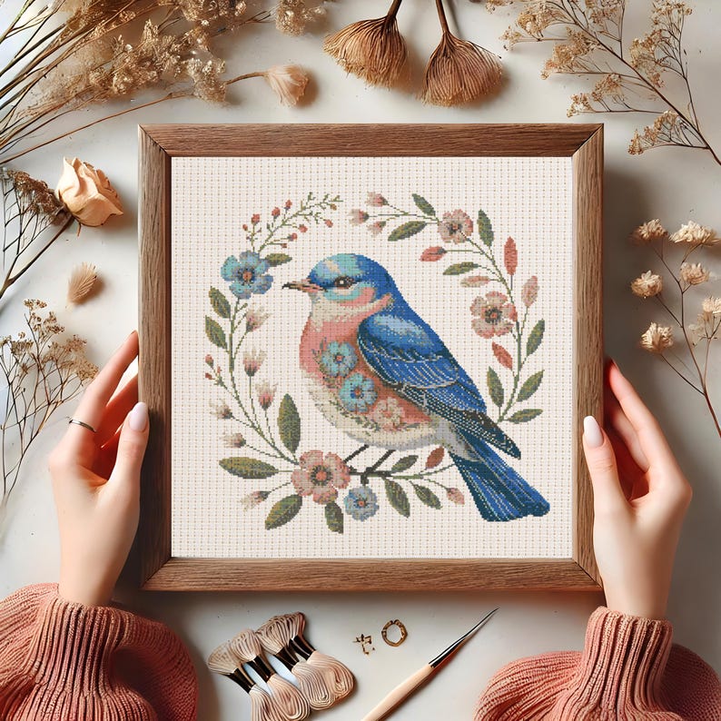 Bluebird in Floral Wreath Cross Stitch Pattern Spring Bird Embroidery ...
