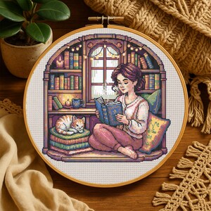 Peaceful Girl Reading Corner With Cat Cross Stitch Pattern Woman ...